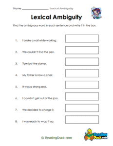 Lexical Ambiguity Worksheets | Literary Devices | Reading Duck.com