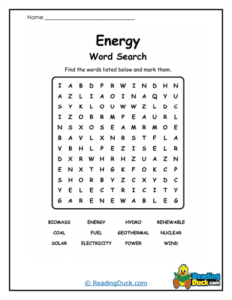 Energy Vocabulary Word Worksheets