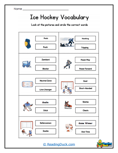 Ice Hockey Vocabulary Word Worksheets | Reading Duck.com