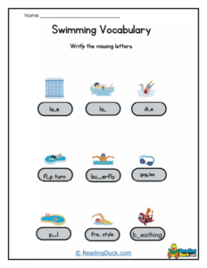 Swimming Vocabulary Word Worksheets | Reading Duck.com