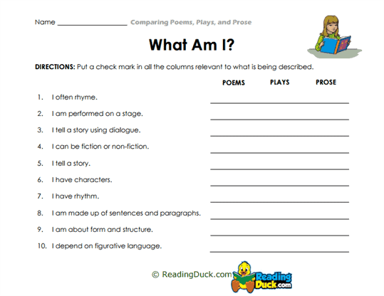 Comparing Poems, Plays, and Prose Worksheets | Reading Duck.com