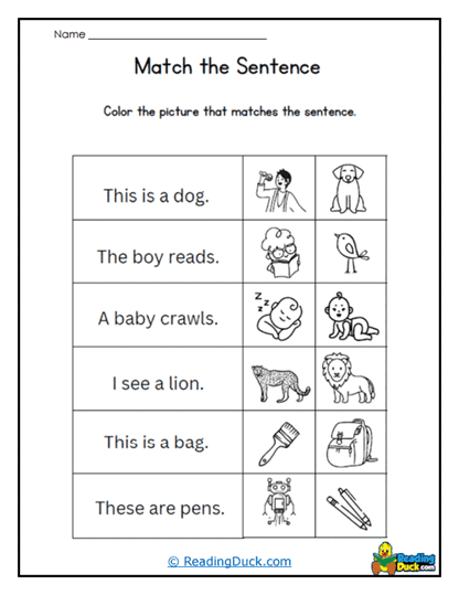 Match the Sentences Worksheets | Print Concepts | Reading Duck.com