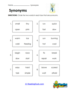 Synonym Worksheets | Language Arts Skills | Reading Duck.com