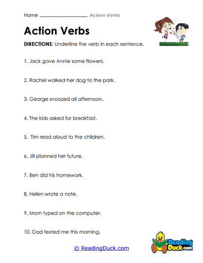 Action Verb Worksheets | Grammar Skills | Reading Duck.com