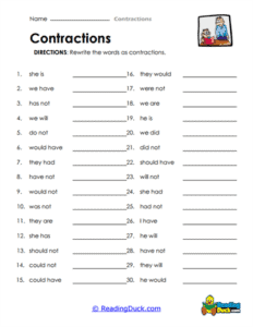 Contraction Worksheets | Grammar Skills | Reading Duck.com