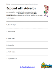 Expanding Sentences Worksheets | Reading Duck.com