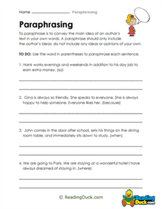 Paraphrasing Worksheets | Reading Duck.com