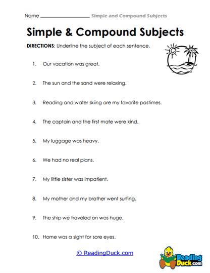 Simple and Compound Subjects Worksheets | Reading Duck.com