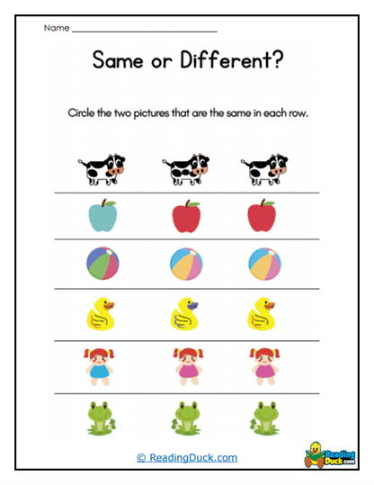 Same vs. Different Worksheets | Comparisons | Reading Duck.com