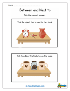 Between and Next To Worksheets | Position Words | Reading Duck.com