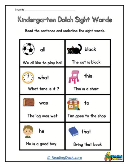 Kindergarten Dolch Sight Words Worksheets| Reading Duck.com