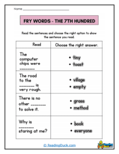 7th 100 Fry Sight Words Worksheets| Reading Duck.com