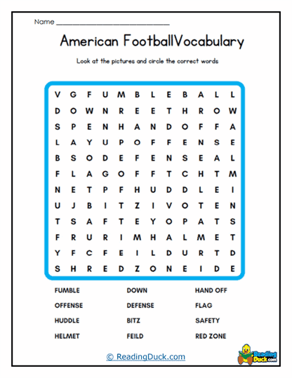 American Football Vocabulary Word Worksheets | Reading Duck.com