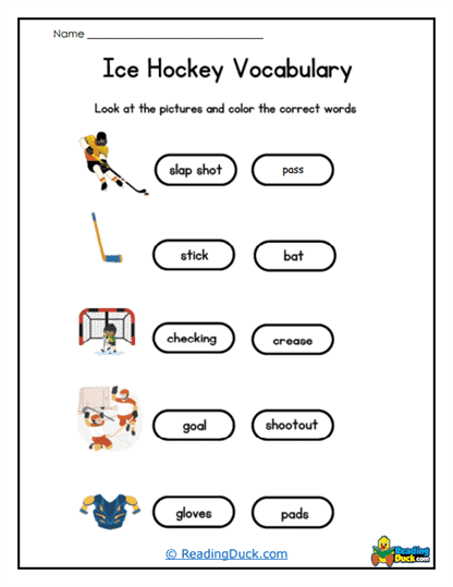 Ice Hockey Vocabulary Word Worksheets | Reading Duck.com
