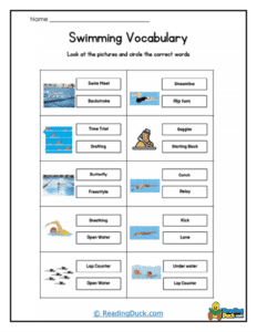 Swimming Vocabulary Word Worksheets | Reading Duck.com