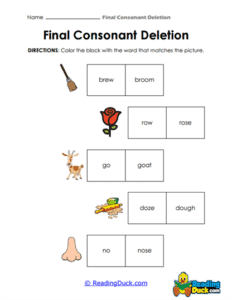 Final Consonant Deletion Worksheets | Reading Duck.com