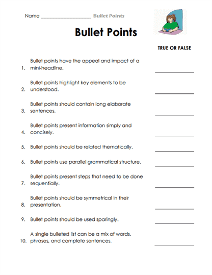 Bullet Point Worksheets | Punctuation Collection | Reading Duck.com