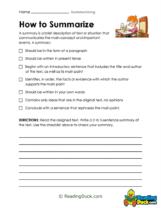 Summarizing Worksheets | Reading Skills | Reading Duck.com