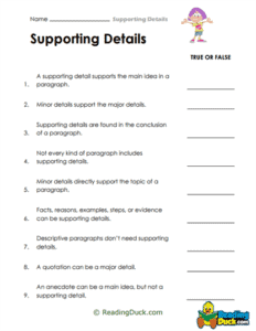 Supporting Details Worksheets | Reading Skills | Reading Duck.com