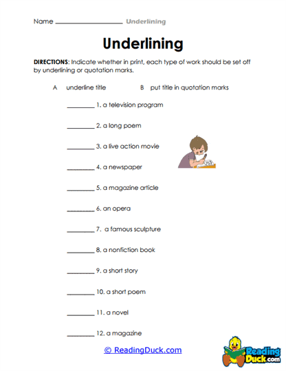 Underlining Worksheets | Punctuation Series | Reading Duck.com