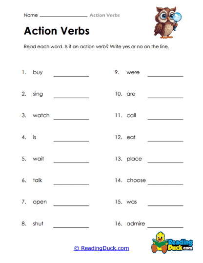 Action Verb Worksheets | Grammar Skills | Reading Duck.com
