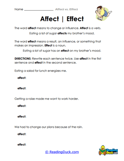 Affect vs Effect Worksheets | Grammar Skills | Reading Duck.com