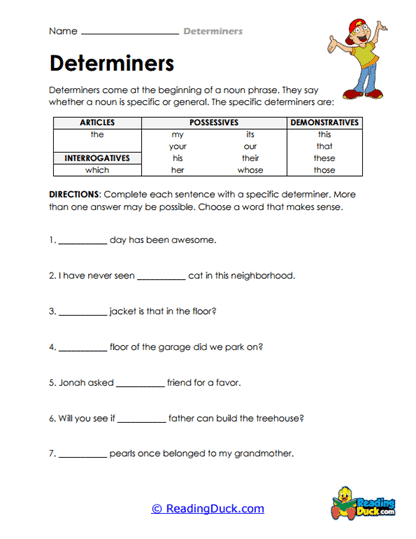 Determiners Worksheets | Grammar Skills | Reading Duck.com
