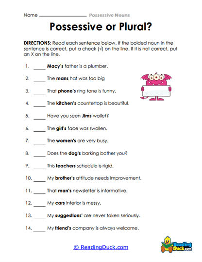 Possessive Noun Worksheets | Grammar Skills | Reading Duck.com