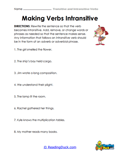 Transitive and Intransitive Verb Worksheets | Reading Duck.com