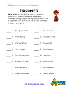 Sentence Fragment Worksheets | Writing Series | Reading Duck.com
