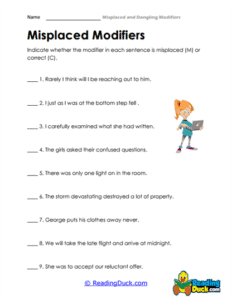 Misplaced and Dangling Modifiers Worksheets | Reading Duck.com