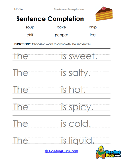 Sentence Completion Worksheets | Writing Series | Reading Duck.com