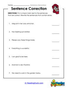 Sentence Correction Worksheets | Writing Series | Reading Duck.com