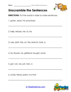 Unscramble Sentences Worksheets | Reading Duck.com