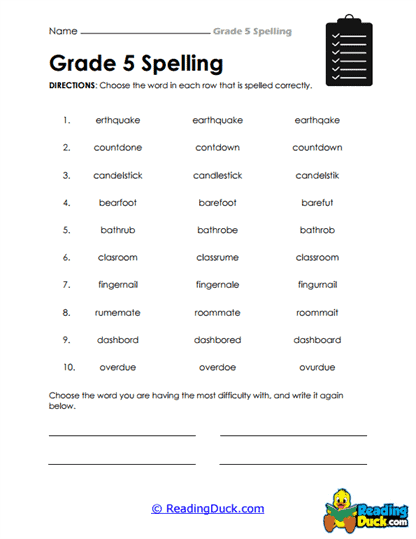 5th Grade Spelling Worksheets | Reading Duck.com