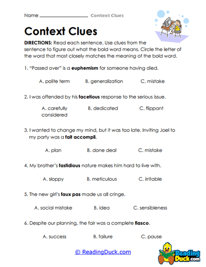 Context Clues Worksheets | Reading Skills | Reading Duck.com