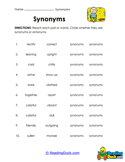 Synonym Worksheets | Language Arts Skills | Reading Duck.com