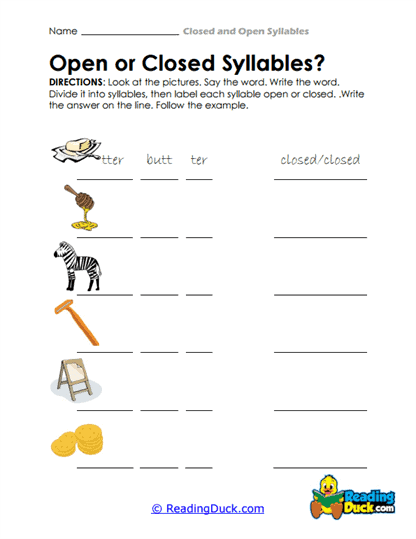 Closed and Open Syllables Worksheets | Reading Duck.com