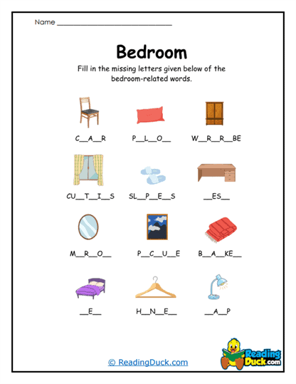 Bedroom Vocabulary Words Worksheets | Reading Duck.com