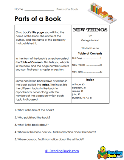 Parts of a Book Worksheets | Print Concept | Reading Duck.com