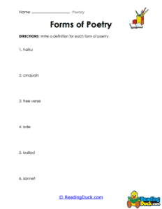 Poetry Skills Worksheets | Reading Skills | Reading Duck.com