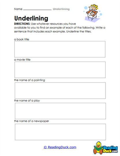 Underlining Worksheets | Punctuation Series | Reading Duck.com