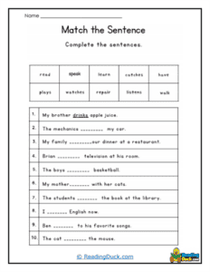 Match the Sentences Worksheets | Print Concepts | Reading Duck.com