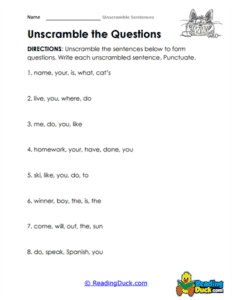 Unscramble Sentences Worksheets | Writing Series | Reading Duck.com