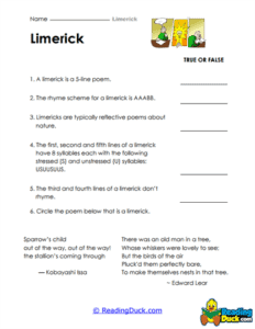 Limerick Worksheets | Reading Duck.com
