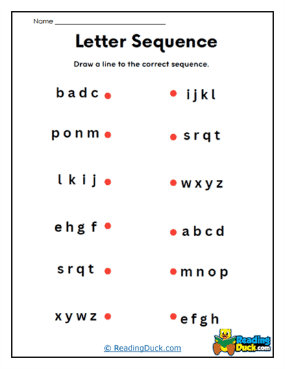 Letter Sequence Worksheets | Pre-Reading Series | Reading Duck.com