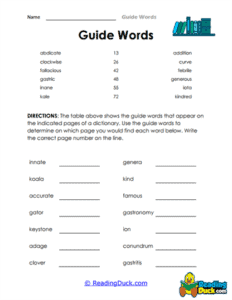 Guide Words Worksheets | Vocabulary | Reading Duck.com