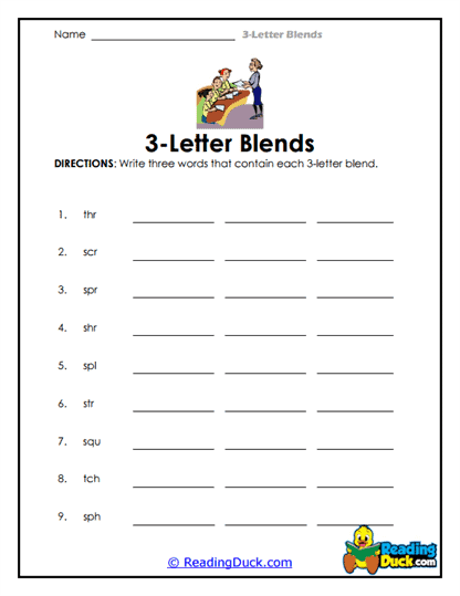 3-Letter Blends Worksheets | Phonics Skills | Reading Duck.com