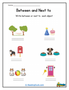 Between and Next To Worksheets | Position Words | Reading Duck.com