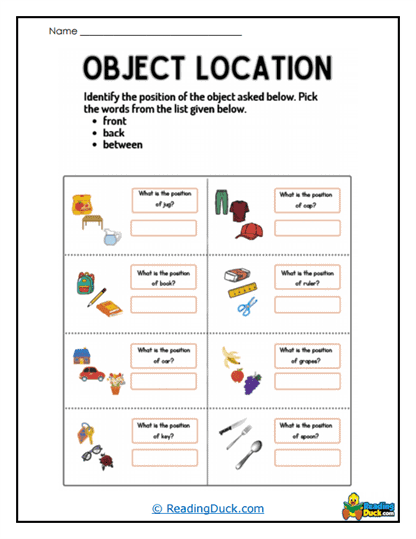 Object Location Worksheets | Position Words | Reading Duck.com